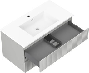 Mexen Rivel, koupelnová skříňka 90 cm s umyvadlem Otis, 2 zásuvky, drážkovaná, šedá matná/bílá, 91A20-09047-2-BFF62-W18M01