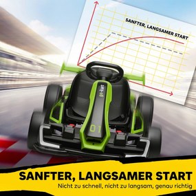 HOMCOM Elektrické Go-Kart pro Děti 6-12 Let 24V 6-12km/h s Nastavitelným Sedadlem, 2 Motory, Drift Go-Kart s Klaksonem, Světly a Hudbou, Zelené