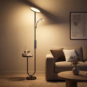 HOMCOM LED stropní reflektor s odkládacím stolkem a čtecí lampou, stmívatelná stojací lampa s dálkovým ovládáním, 4 barevné teploty