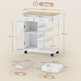 HOMCOM kuchyňský vozík z bambusu se 2 zásuvkami, skříňkou, policí a 2 nerezovými drátěnými koši, 67x35x80 cm, bílý