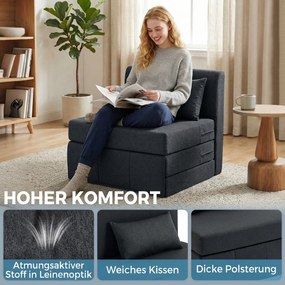 HOMCOM 2v1 skládací podlahové křeslo/sedačka na spaní – polstrované s lněným vzhledem, tmavě šedá (80 × 75 × 74 cm)