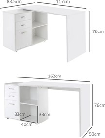 HOMCOM Bílý Moduární Rohový Rovný Stůl Jídelní Stůl 2 v 1 Počítačový Stůl 3 Šuplíky + 2 Polic MDF