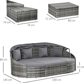 Outsunny ratanový sluneční ostrov 4-dílný se stříškou a sedací soupravou, 4 polštáře, kovově šedá, 230 x 145 x 80 cm pro zahradu a terasu |