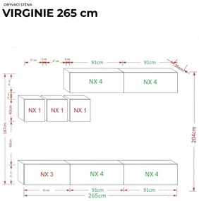 Ral Obývací stěna VIRGINIE 8, 265 cm - Bílý lesk