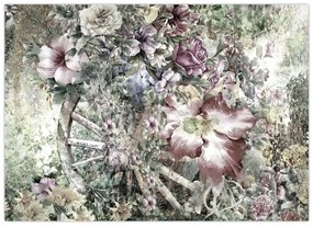 Skleněný obraz květin na dřevěném kole (70x50 cm)