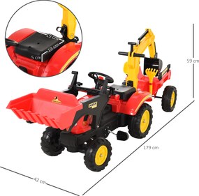 HOMCOM Šlapací traktor s přívěsem a čelním nakladačem, šlapací bagr pro děti od 3 let, červený, 179 x 42 x 59 cm, ideální pro zábavu a hry | Aosom.de
