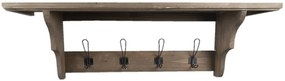 Hnědá antik dřevěná nástěnná polička s háčky - 100*24*30 cm