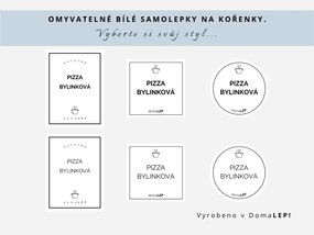 PIZZA BYLINKOVÁ - omyvatelná samolepka na kořenky, výběr rozměrů Ø 5 cm / 5 x 5 cm / 6 x 8 cm | DomaLEP tvar: KOLEČKO, barva: BÍLÁ - ČERNÉ písmo, velikost: Ø 5 cm - tučné písmo