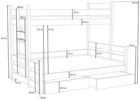 Dětská patrová postel z masivu borovice s rozšířeným spodním lůžkem BERTA se šuplíky - 200x90/140 cm - BÍLÁ