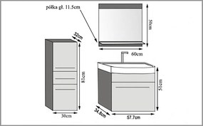 Koupelnový nábytek Belini bílý lesk / šedý mat + umyvadlo + zrcadlo  ROD PM 2/0/W/WSR/0/ZW