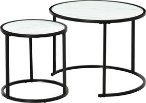 HOMCOM Sada 2 Stohovatelných Kulatých Konferenčních Stolků s Faux Mramorovou Deskou a Ocelovým Rámem Ø60x46 cm a Ø40x40 cm Bílá | Aosom