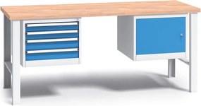Pracovní stůl do dílny G3 se závěsným boxem a skříňkou na nářadí, buková spárovka, 4 zásuvky, pevné kovové nohy, 2000 mm, modrá