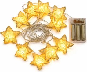 LED světýlka na baterie, ratanové hvězdy, 2,8 m, teple bílá, 10 diod, čirý kabel, IP20 interiér, 3 × AA