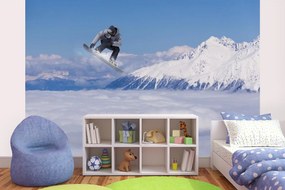 DIMEX | Samolepicí vliesová fototapeta na zeď Létící snowboardista MA-5-1570 | 375 x 250 cm | modrá, bílá