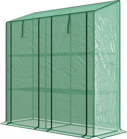 Outsunny 3-patrový zahradní skleník s regály, šikmá střecha a 2 zipové dveře pro pěstování rostlin na terase 143x46x141/151 cm Zelený | Aosom