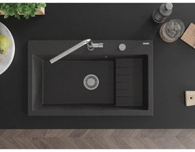 Mexen Omar, 1-komorový granitový dřez 800x480x210 mm, černá skvrnitá, chromový sifon, 6520801005-76