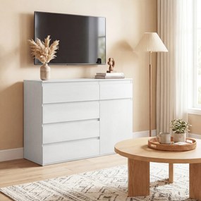 HOMCOM Komoda, úložná skříňka s 5 zásuvkami, nastavitelným prostorem a dvířky s tichým dovíráním, 100 x 40 x 80 cm, bílá