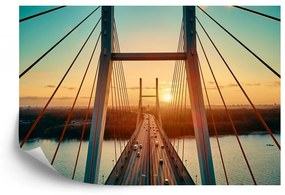 Fototapeta Beautiful Panoramic Aerial Drone View To Cable-Stayed Siekierkowski Bridge Over The Vistula River And Warsaw City Skyscrapers, Poland In Gold Red Autumn Colors In November Evening At Sunset Hladký vinyl 416x254