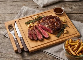 AMADEA Dřevěné prkénko na steak s příborem a skleněnou miskou, masivní dřevo, 36x23x2 cm