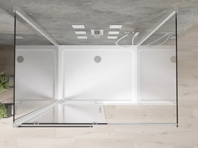 Mexen Omega, 3-stěnový sprchový kout s posuvnými dveřmi 140 (dveře) x 90 (stěna) x 190 cm, 8mm čiré sklo, chromový profil + bílá sprchová vanička SLIM, 825-140-090-01-00-3S-4010