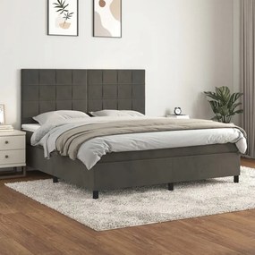 Box Spring Postel S Matrací Samet Tmavě Šedá Blok se čtverci 160 x 200 cm