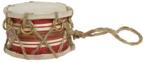Červeno-bílý vánoční dřevěný bubínek s kůží Drum Vintage - Ø 6*4cm