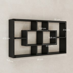 HOMCOM Dekorativní nástěnná police, knihovní a CD police s 8 přihrádkami, 85x14,5x47,5 cm, černá