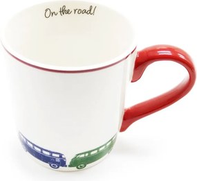 Porcelánový hrnek Na cestě, 280 ml – bílý, s červeným ouškem a motivem barevných obytných dodávek