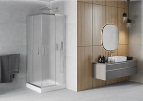 Mexen Rio, čtvercový sprchový kout s posuvnými dveřmi 70 x 70 cm, 5mm sklo námraza, chromový profil + bílá vysoká sprchová vanička Rio, 860-070-070-01-30-4510