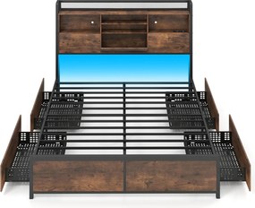 Costway Rám postele s LED osvětlením a nabíjecí stanicí rustikálně, 200 x 160 cm