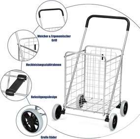 Costway Nákupní košík Skládací nákupní košík Pojízdný vozík se stříbrnými koly