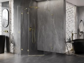 Mexen Lunar, Pětiúhelníkový sprchový kout Mexen Lunar s výklopným levým oknem 80 x 100 cm, 8mm čiré sklo, zlatý matný profil, 831-080L-100P-55-00-L