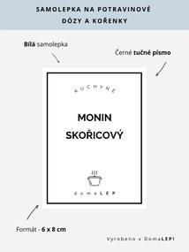 Samolepka na láhev MONIN SKOŘICOVÝ 6 x 8 cm – bílá vinylová, voděodolná, omyvatelná samolepka na dózy, tučné písmo