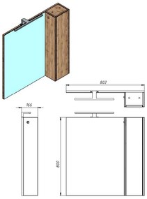 Kingsbath Bronx Wotan Oak 80 závěsná koupelnová skříňka se zrcadlem a LED osvětlením