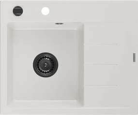Mexen Ben, 1-komorový granitový dřez 600x500x190 mm, levý + černý sifon, bílá, 6522605000-20-B