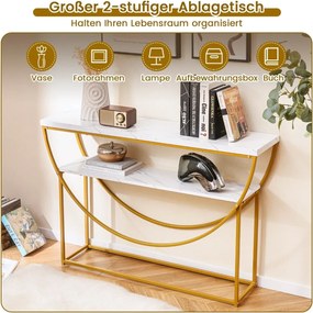 Costway Úzký konzolový stůl s mramorovou deskou 2 úrovně Sofa Table, bílý