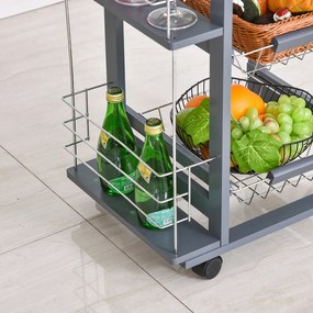 HOMCOM Kuchyňský Servisní Vozík S Více Úložným Prostorem 3 Kovové Košíky + 2 Držáky Na Láhve Šedý Borový Dřevěný