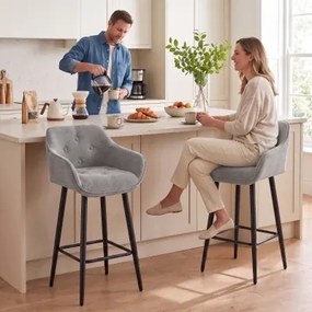 Sada HOMCOM – 2 barové stoličky, čalouněné chenille barové židle, výška sedadla 67 cm, opěrka a podnožky, šedé