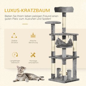 PawHut Kočičí strom Škrabací sloupek Kočičí hrací věž Kočičí šplhací strom Škrabací sloupek Houpací síť Šedá L40 x Š40 x V132 cm