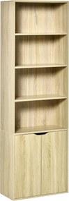 HOMCOM Knihovna se 4 otevřenými přihrádkami a 2 dveřmi pro obývací pokoj, pracovnu a kancelář, nosnost 80 kg, 59x29x180 cm, přírodní