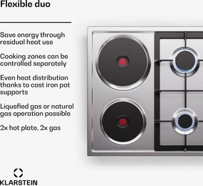 Klarstein MultiChef 4 Hot Plate, elektrická a plynová varná deska, 4 varné zóny, 2 hořáky, 2 elektrické plotýnky