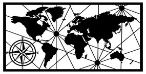 Nástěnná kovová dekorace Mapa světa kompas 100x50 cm černá