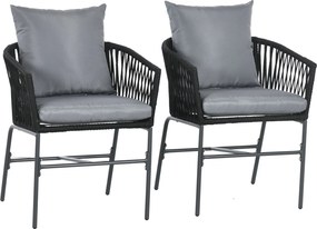 Sada 2 zahradních židlí Outsunny s polštáři, nosnost až 120 kg, zakřivený sedák ve stylu boho, kovový rám 57 x 60 x 71 cm, černá