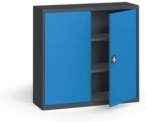 Plechová policová skříň na nářadí KOVONA, 1150 x 1200 x 400 mm, 2 police, antracit/modrá