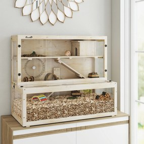 PawHut dřevěná klec pro křečky, 100 × 50 × 84 cm – 3patrový domek pro malé hlodavce s okénkem, běhacím kolem, rampou a domečkem – přírodní dřevo