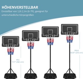 Basketbalový koš SPORTNOW s nastavitelným stojanem a kolečky, odolná deska, 182-213 cm