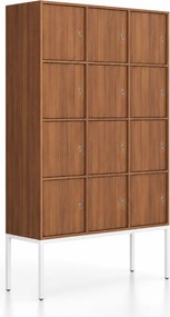 Kancelářská skříň FRAME, bílá podnož, 12x dveře, 1299 x 450 x 2185 mm, cylindrický zámek, ořech