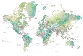 Mapa Watercolor world map with cities in muted green, Oriole, Blursbyai