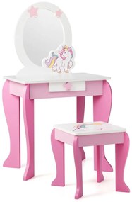 Dětský toaletní stolek s taburetkou, odnímatelným zrcadlem, růžový/bílý