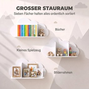AIYAPLAY sada 3 nástěnných dětských regálů 60 cm, dětský knihovník ve tvaru oblaku, plovoucí knihovník Montessori pro 3–8 let, bílý